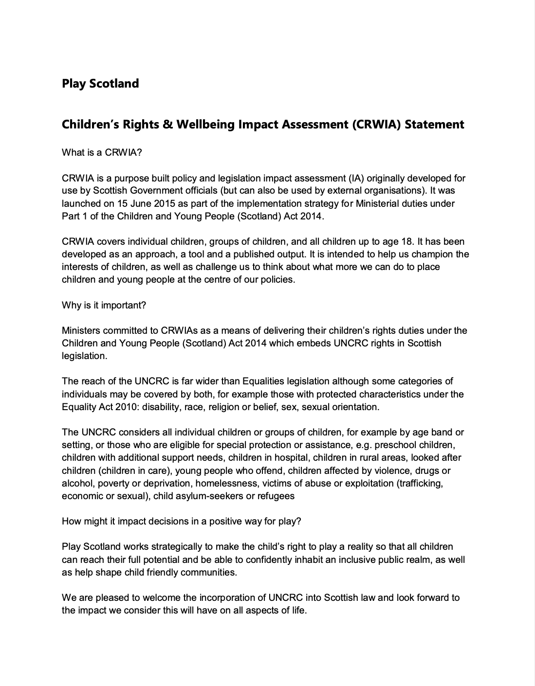 Play Scotland CRWIA Statement - Play Scotland