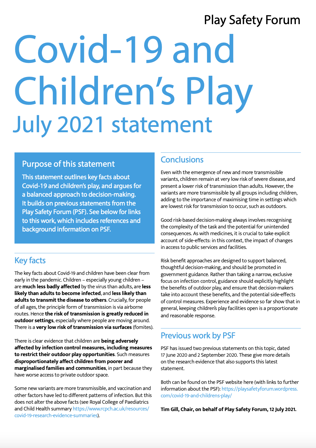 Play Safety Forum: Covid-19 and Children's Play July 2021 statement ...